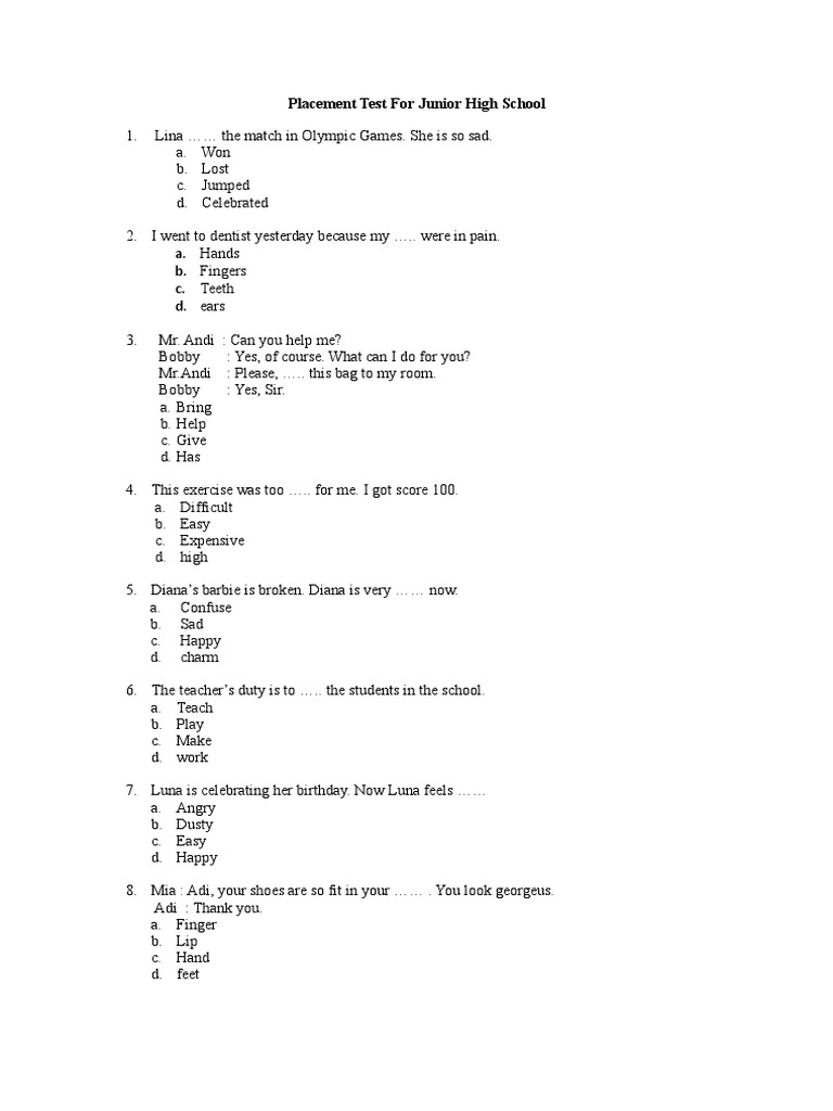 Placement Test For Junior High School | PDF