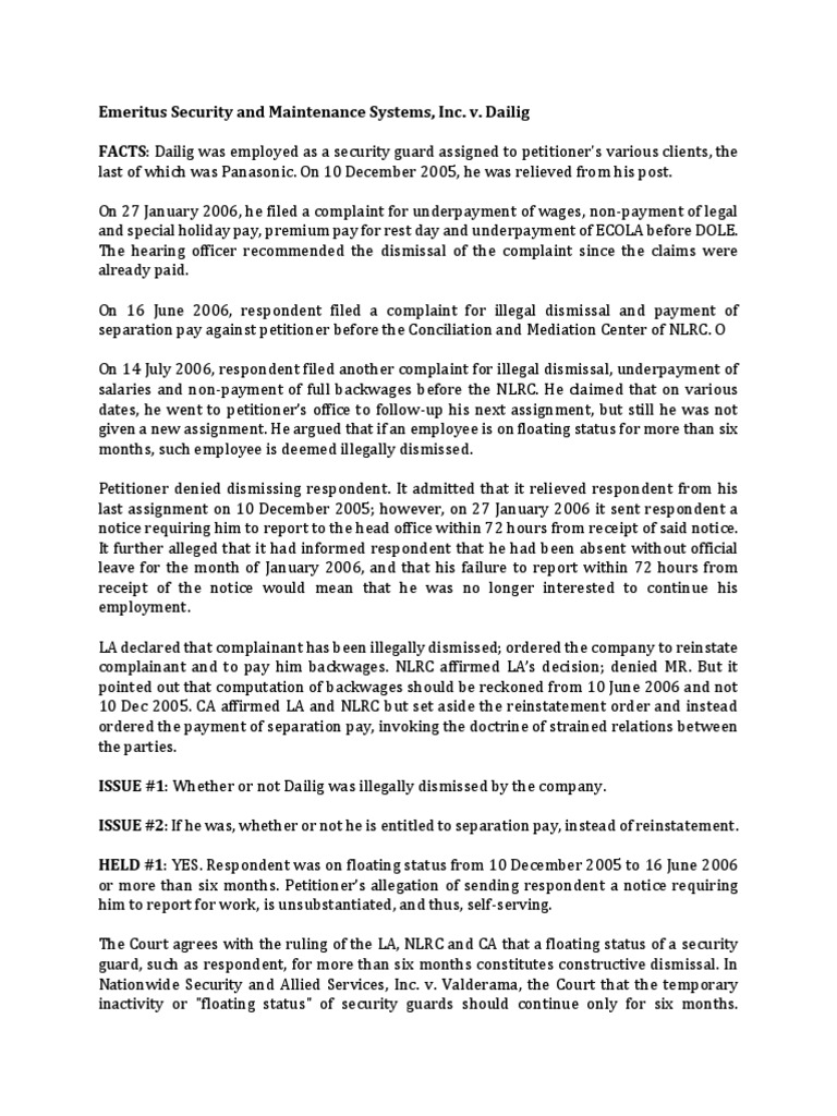 Emeritus Security and Maintenance Systems, Inc. v. Dailig - Digest ...