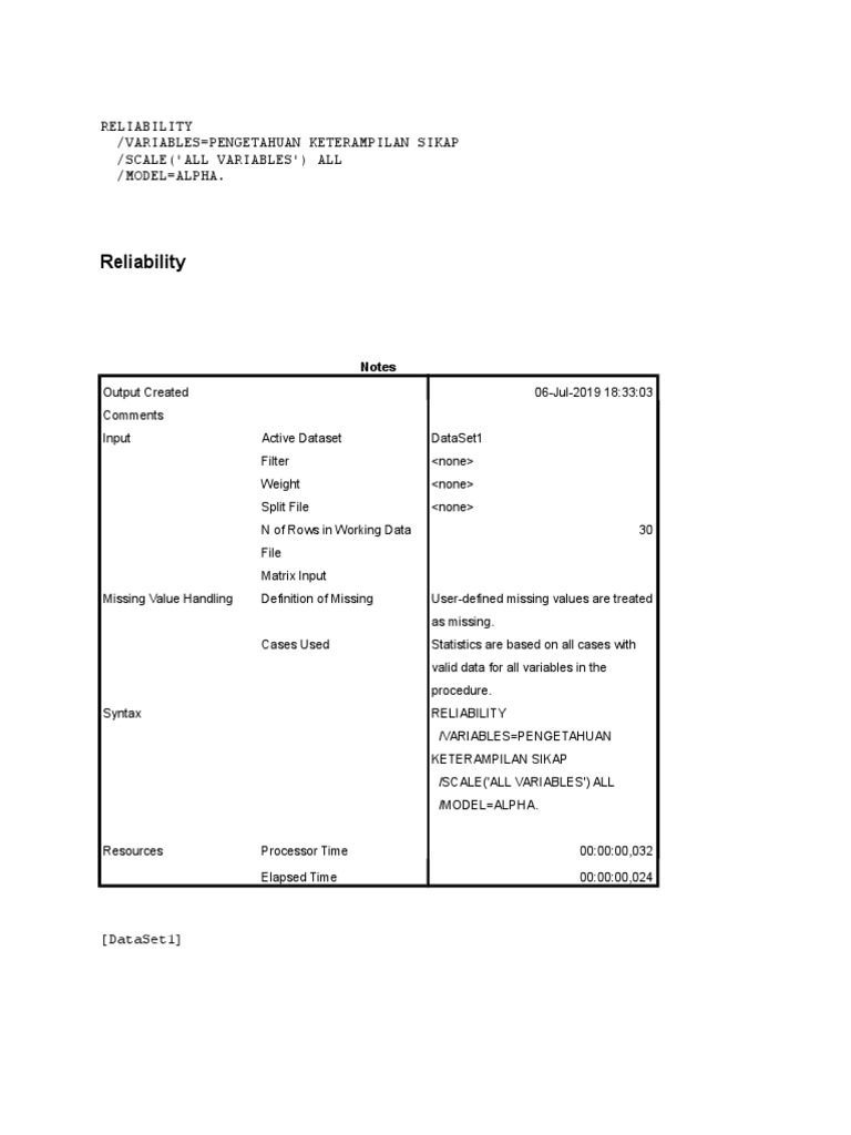 Reliability: Reliability /variables Pengetahuan Keterampilan Sikap /scale ('All Variables') All ...