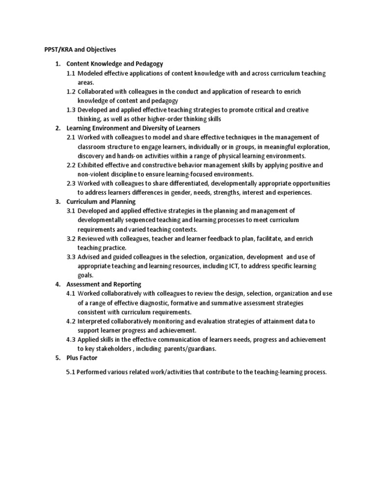 PPST/KRA and Objectives 1. Content Knowledge and Pedagogy | PDF
