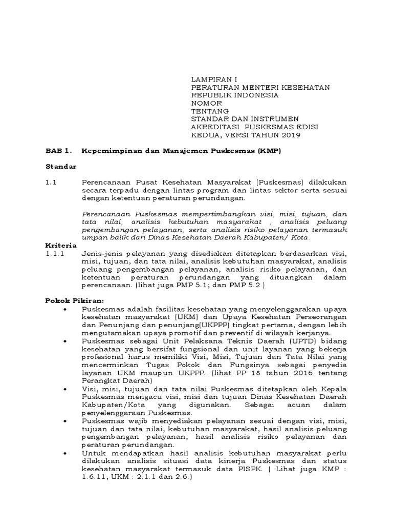 Draft Standar Dan Instrumen Akreditasi Puskesmas Edisi 2, Tahun 2019 (SIAP219) | PDF