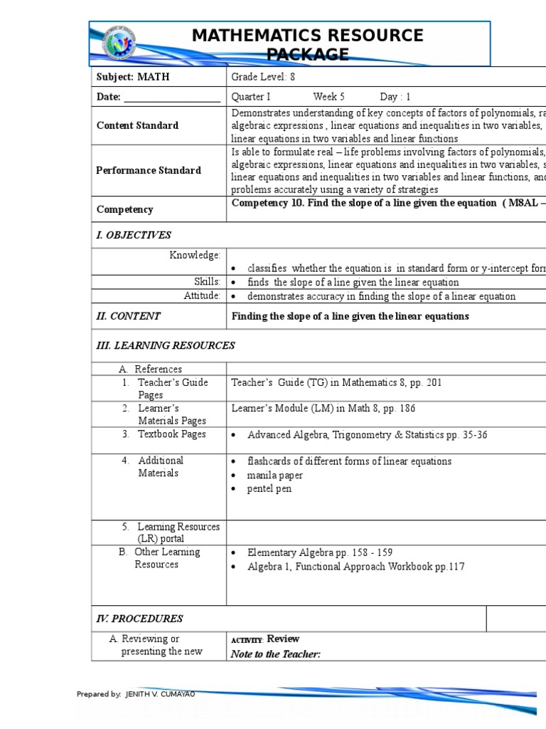 DLP WEEK 5 Finding The Slope of A Line Given An Equation - DAY 1 | PDF ...