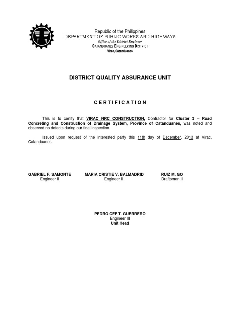 Certificate of No Defects | PDF | Quality Assurance | Road