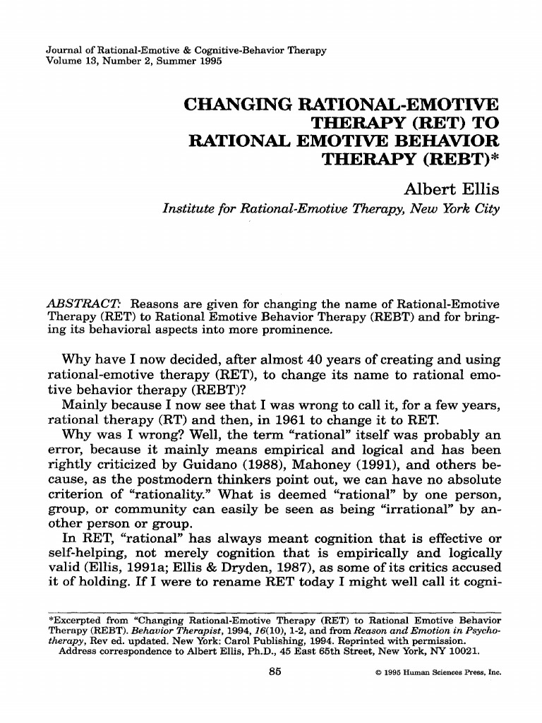 Changing Rational-Emotive Therapy (Ret) To Rational, Emotive Behavior ...