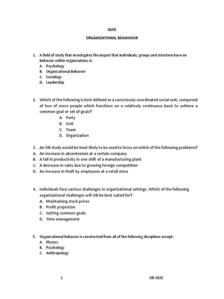 Quiz Organizational Behaviour | PDF | Organizational Behavior | Employment