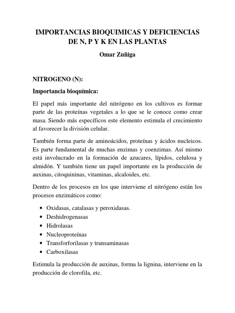 Importancias Bioquimicas y Deficiencias de N, P, K en Las Plantas | PDF ...