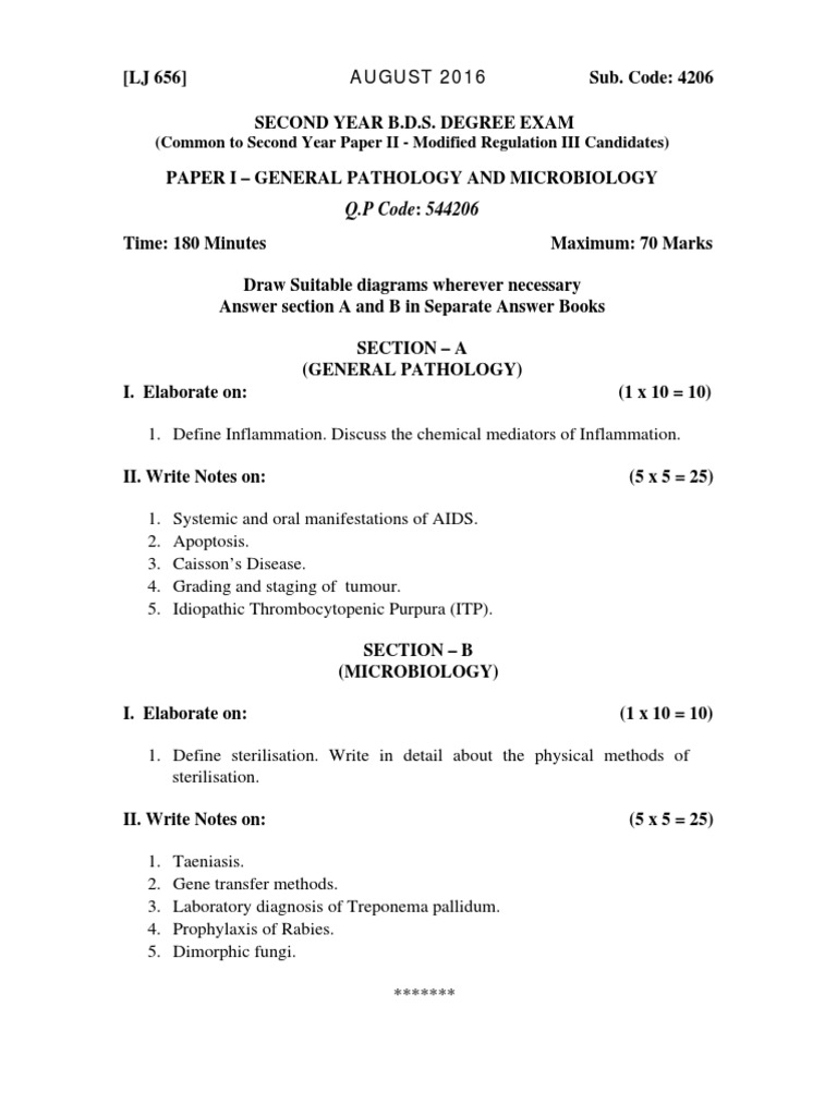 Question Papers For Bds Second Year | PDF | Pathology | Leukemia
