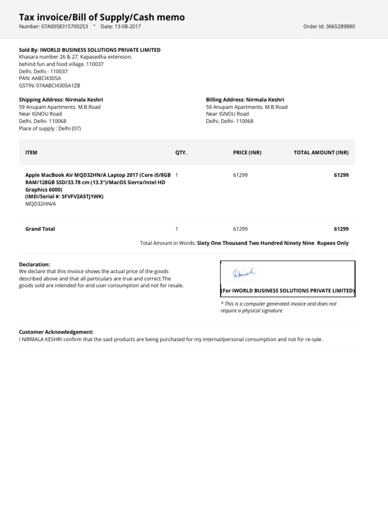 This Is A Computer Generated Invoice and Does Not Require A Physical ...