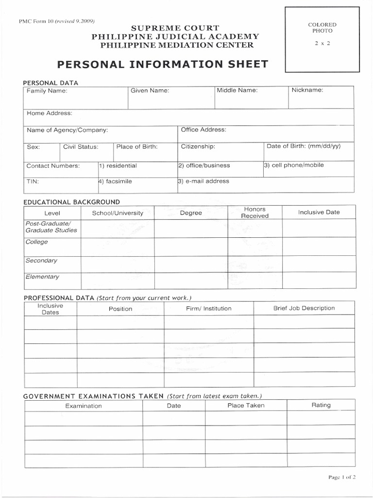 PMCForm10v2Personal Information Sheet PDF | PDF