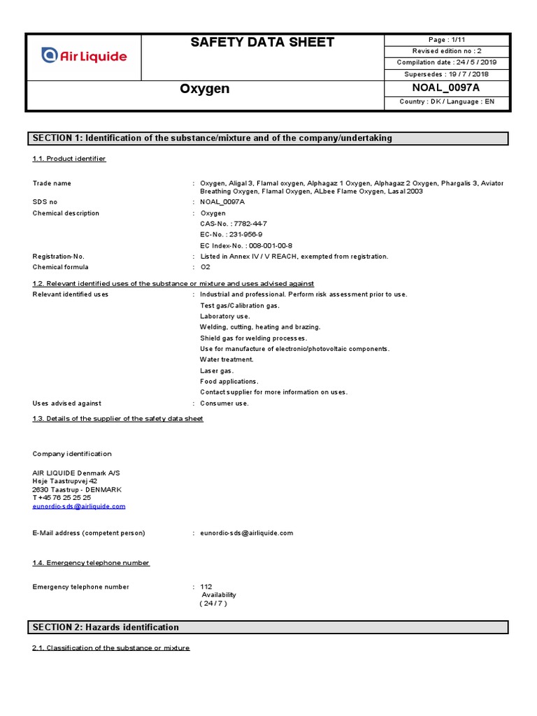 Oxygen Safety Data Sheet Overview | PDF | Dangerous Goods | Personal ...