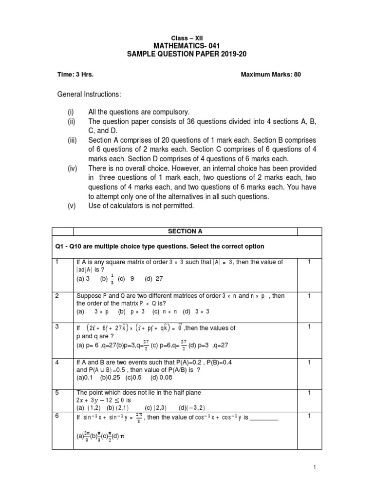 Mathematics-041 Sample Question Paper 2019-20: Class - XII | PDF | Area ...