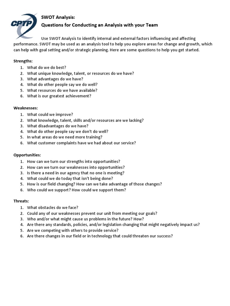 SWOT Analysis: Questions For Conducting An Analysis With Your Team | PDF