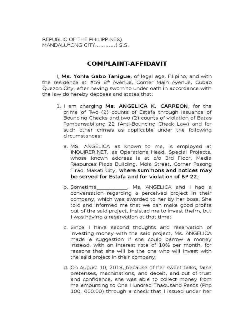 Affidavit of Complaint BP 22 BASA | PDF | Affidavit | Banks