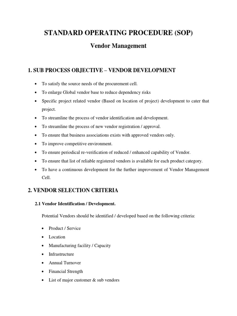 Vendor Management SOP Overview | PDF | Procurement | Evaluation