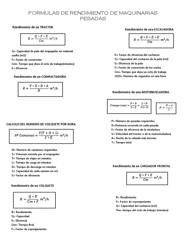 5 Formulas de Rendimiento de Maquinarias Pesadas | PDF | Vehículos ...