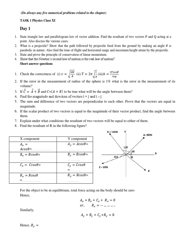 TASK 1 Physics Class XI: (Do Always Any Five Numerical Problems Related To The Chapter) | PDF ...