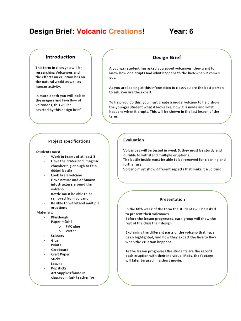 Design Brief - Volcano | PDF | Volcano | Types Of Volcanic Eruptions
