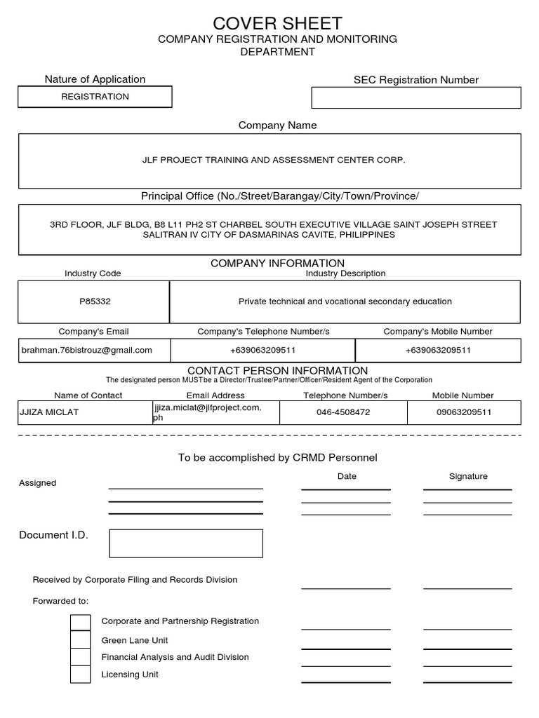 Cover Sheet: The Designated Person Be A Director/Trustee/Partner ...