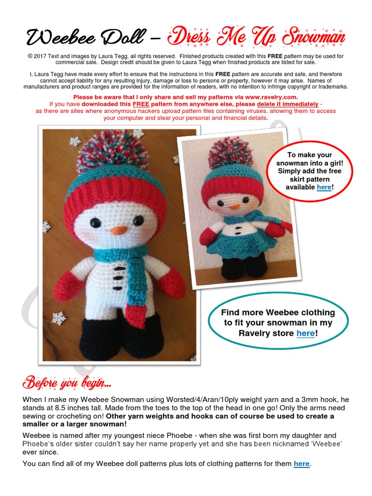 Weebee Doll - Dress Me Up Snowman | PDF | Crochet | Textiles
