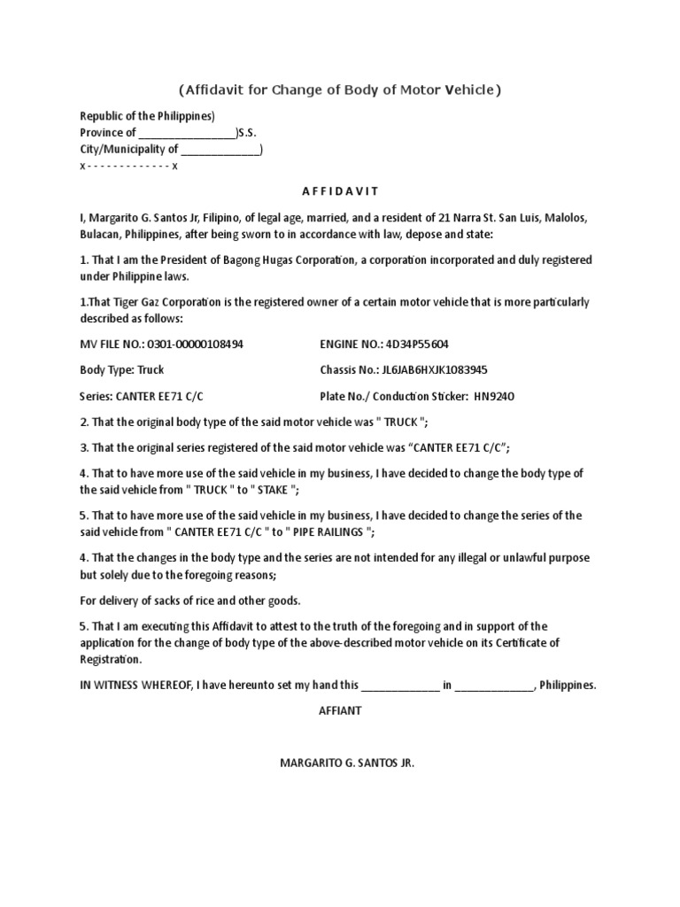 Affidavit For Change of Body of Motor Vehicle LTO | PDF