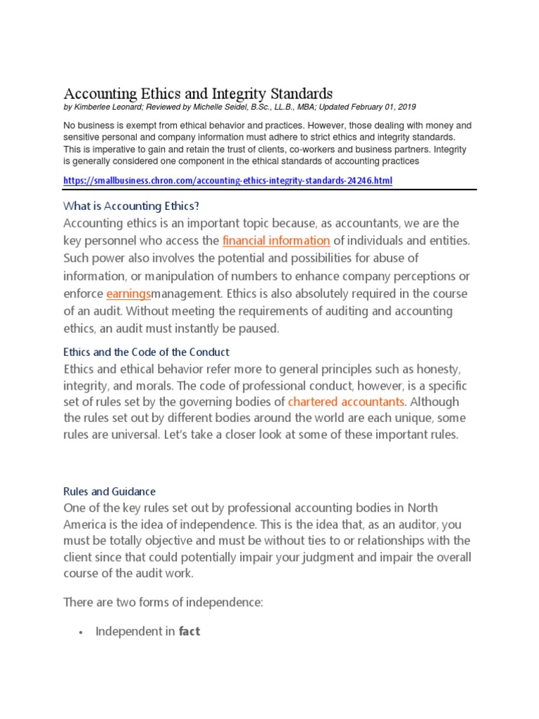 Accounting Ethics and Integrity Standards | PDF | Accounting | Integrity