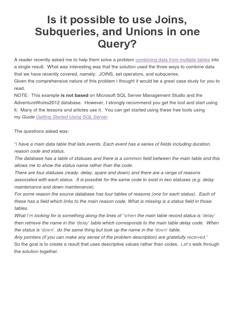 SQL Joins & Subquery | PDF | Microsoft Sql Server | Databases SQL Joins & Subquery | PDF | Microsoft Sql Server | Databases