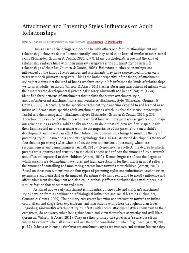 Attachment And Parenting Styles Influences On Adult Relationships Pdf
