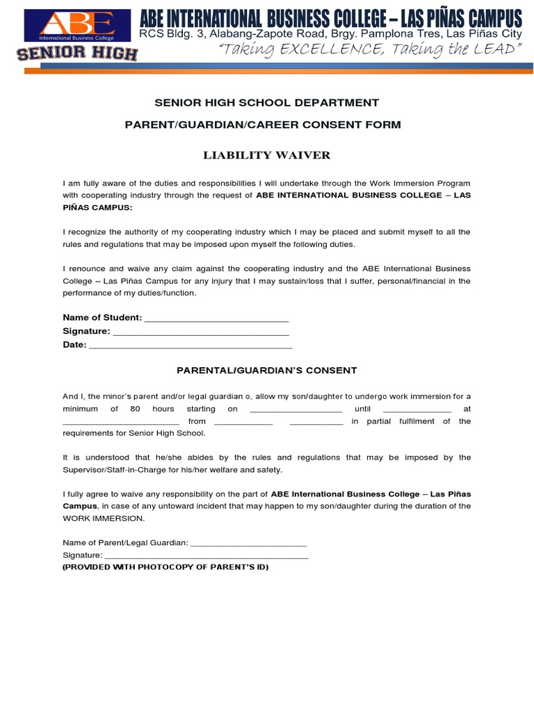 Work Immersion Program Liability Waiver and Consent Form for Senior High School Students at ABE ...