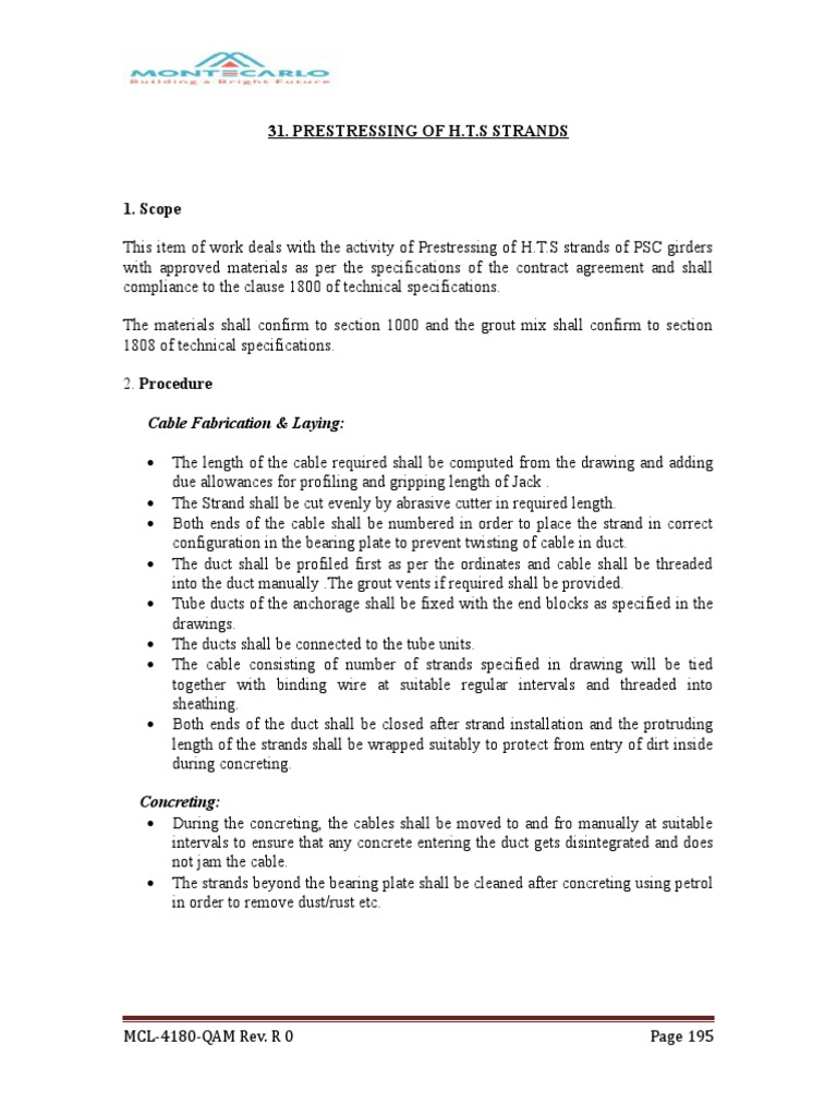 Prestressing of H.T.S Strands: Cable Fabrication & Laying | PDF ...