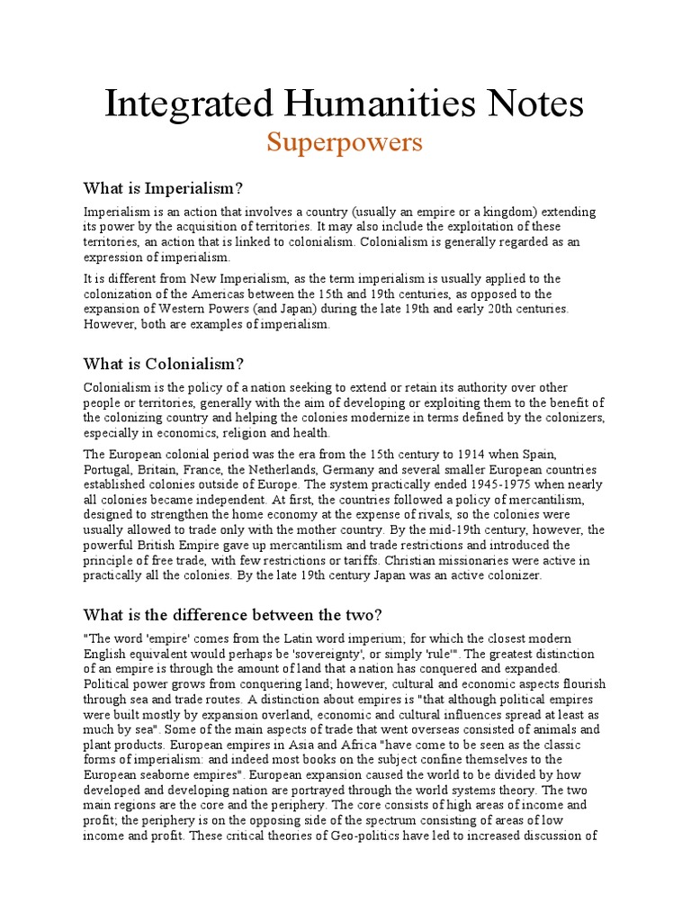 Integrated Humanities Notes: Superpowers | PDF | Imperialism | Holy ...