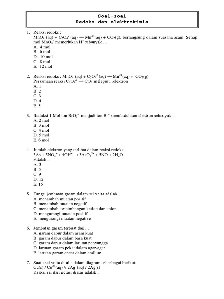 Soal Soal Redoks Dan Elektrokimia | PDF