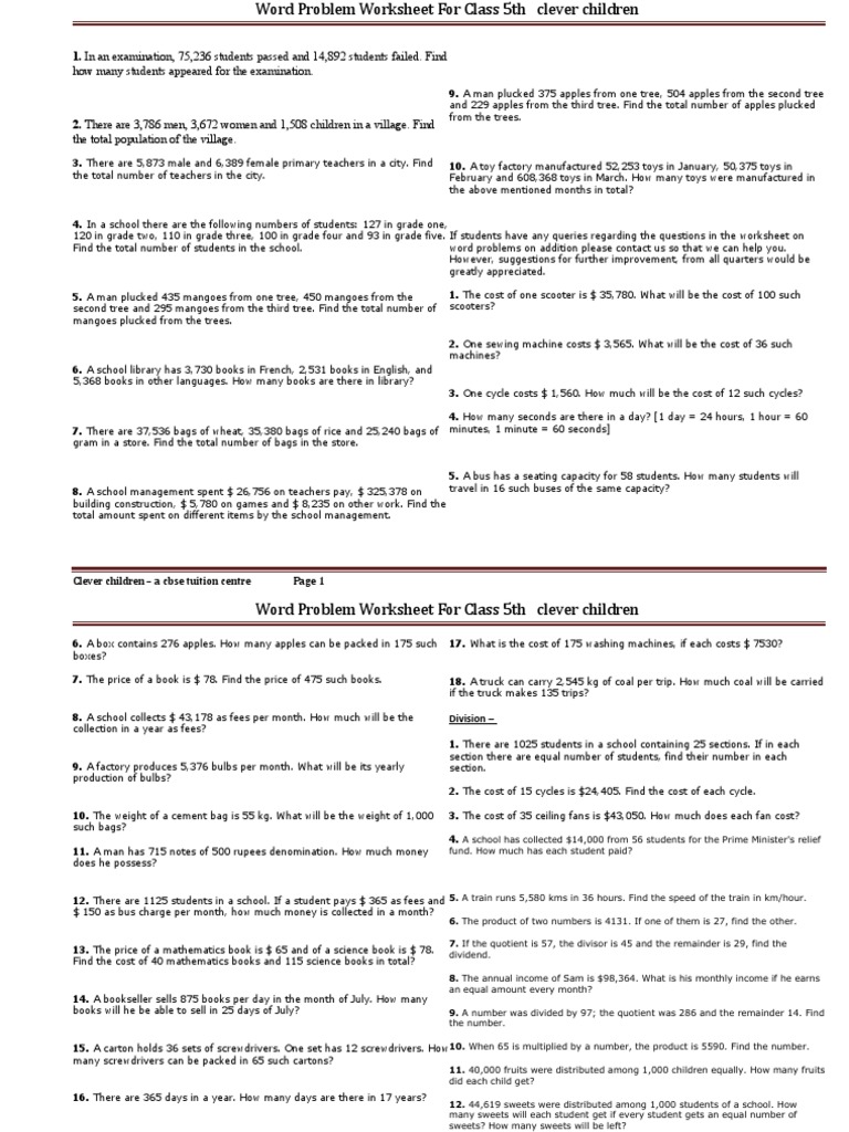 Class 5th Math Word Problem | PDF | Teaching Mathematics | Business