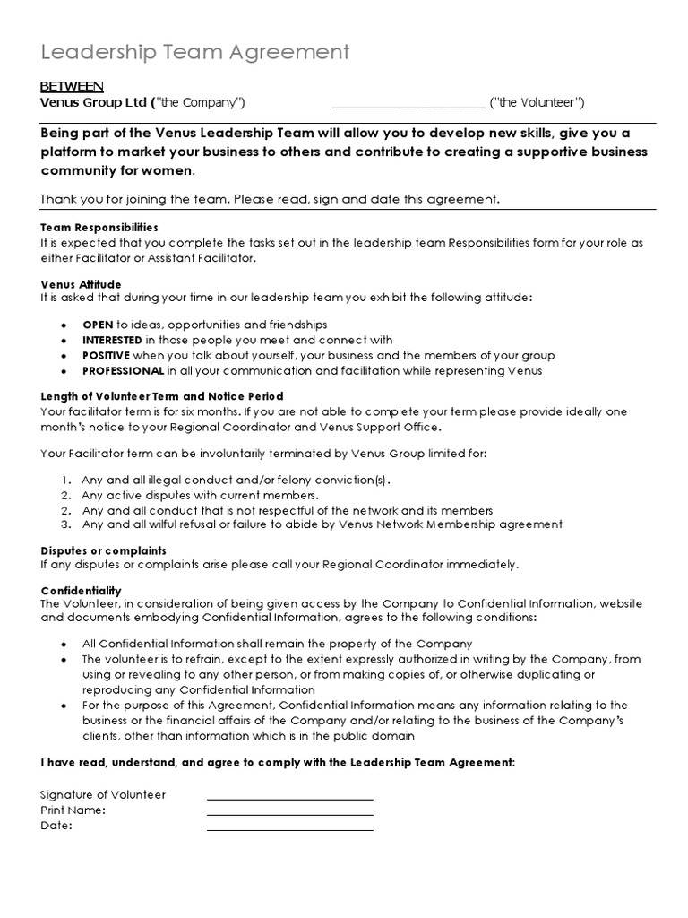 Leadership Team Agreement | PDF | Confidentiality | Leadership