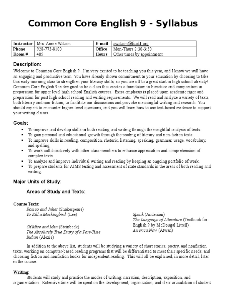 English 9 Syllabus | PDF | Common Core State Standards Initiative ...