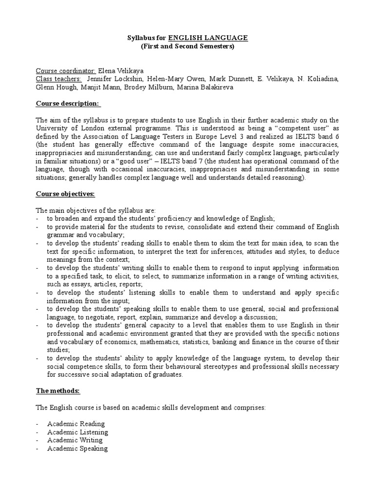 Syllabus For ENGLISH LANGUAGE (First and Second Semesters) | PDF ...
