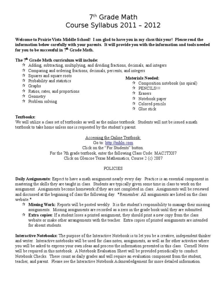 7 Grade Math Course Syllabus 2011 - 2012 | PDF | Homework | Textbook