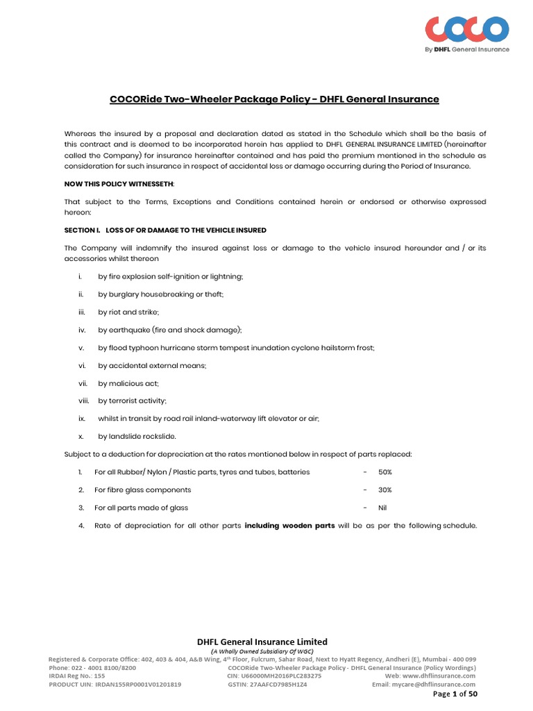 COCO Ride Two Wheeler Package Policy - DHFL General Lnsurance AHPI25z ...