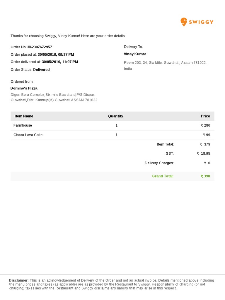 Swiggy Order Confirmation for Vinay Kumar | PDF