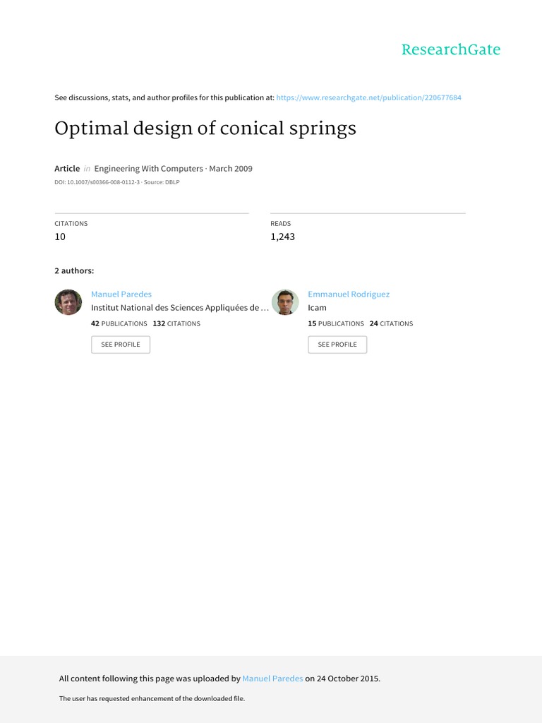 Optimal Design of Conical Springs: Engineering With Computers March 2009 | PDF | Mathematical ...
