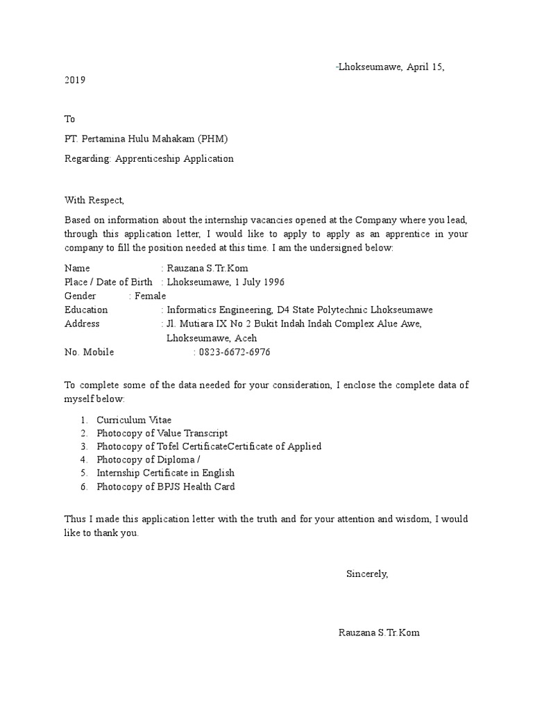 Request for an Internship Position at PT. Pertamina Hulu Mahakam | PDF