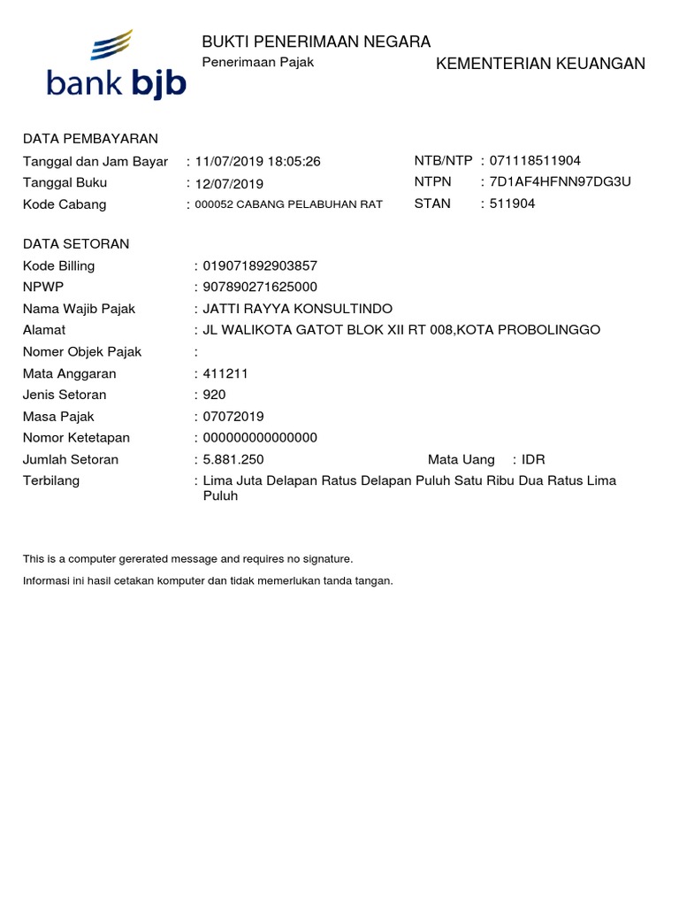 Bukti Penerimaan Negara Kementerian Keuangan: 000052 Cabang Pelabuhan ...