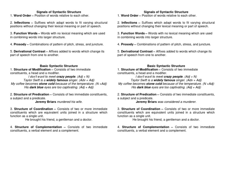 Signals of Syntactic Structure Handouts | PDF | Part Of Speech | Word