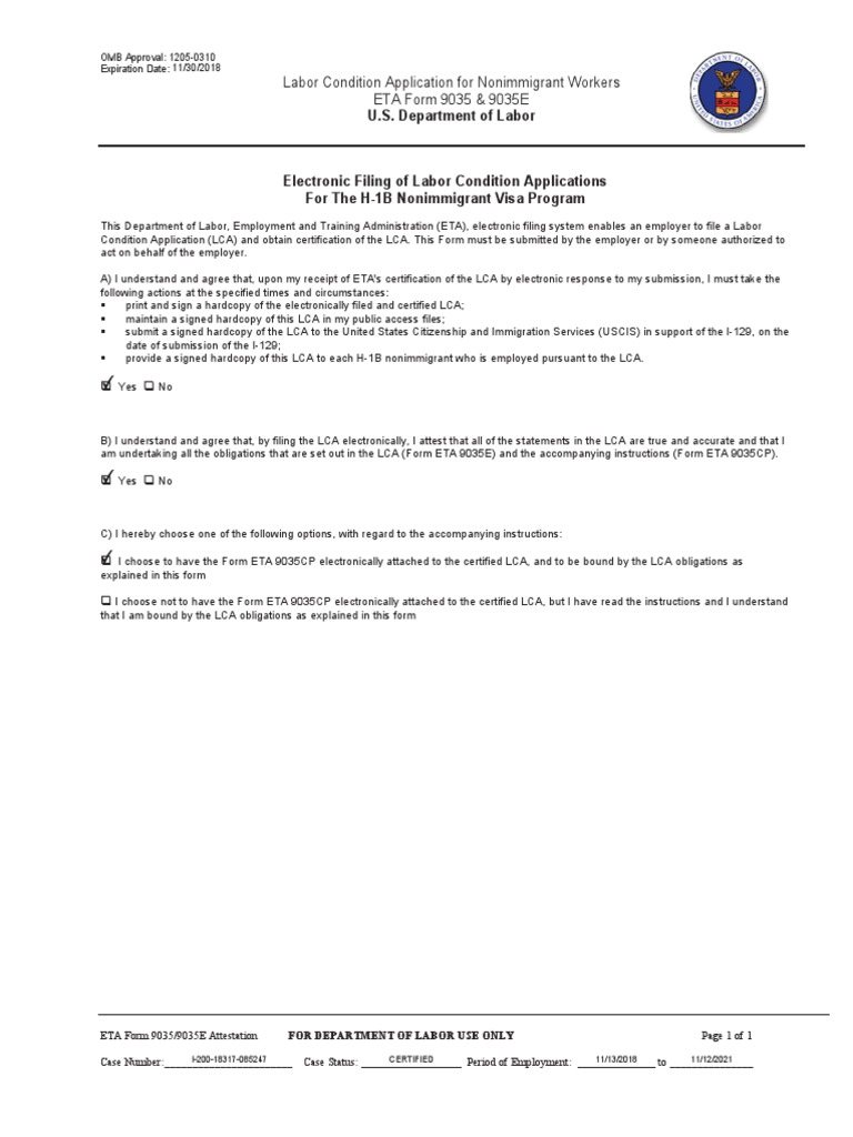 Labor Condition Application For Nonimmigrant Workers ETA Form 9035 ...