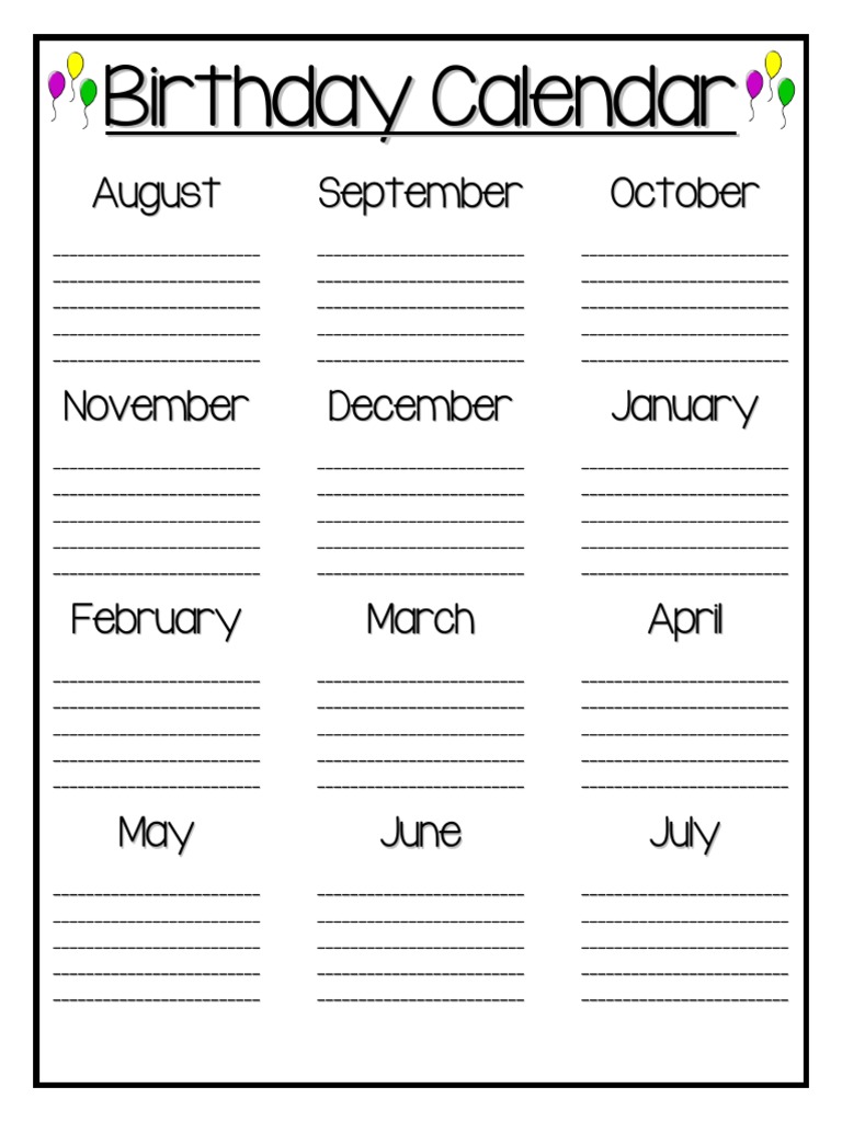 Monthly Birthday Calendar Template | PDF