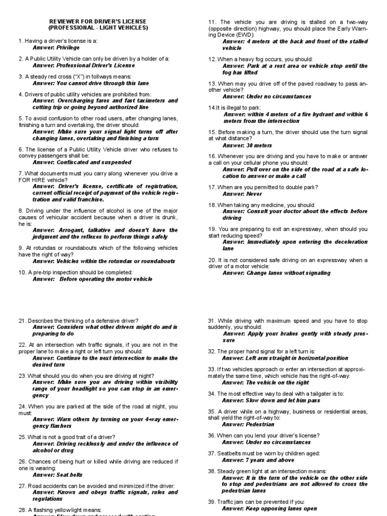 Professional Drivers License Applicants (Light Vehicles) Edited | PDF ...