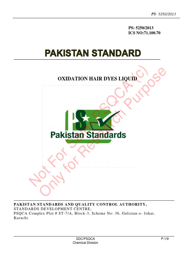 Not For Sale-PSQCA (C) Only For Research Purpose: Oxidation Hair Dyes ...