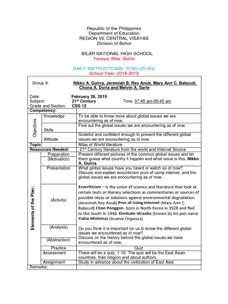 Daily Instructional Plan (Iplan) | Download Free PDF | Psychological ...