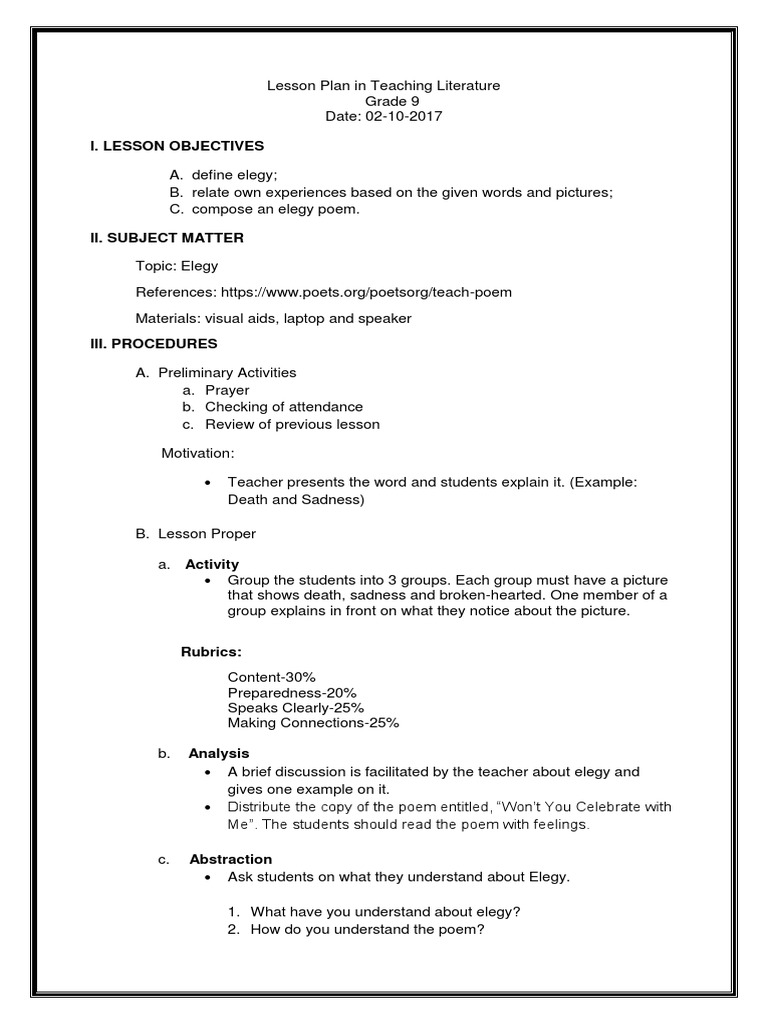 Lesson Plan in Teaching Lit | PDF | Lesson Plan | Poetry