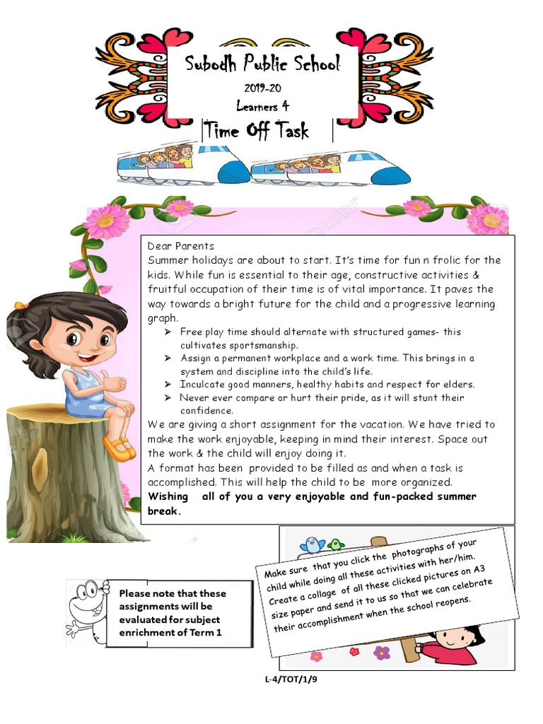 Subodh Public School 2019-20 Learners 4 Time Off Task Assignments | PDF