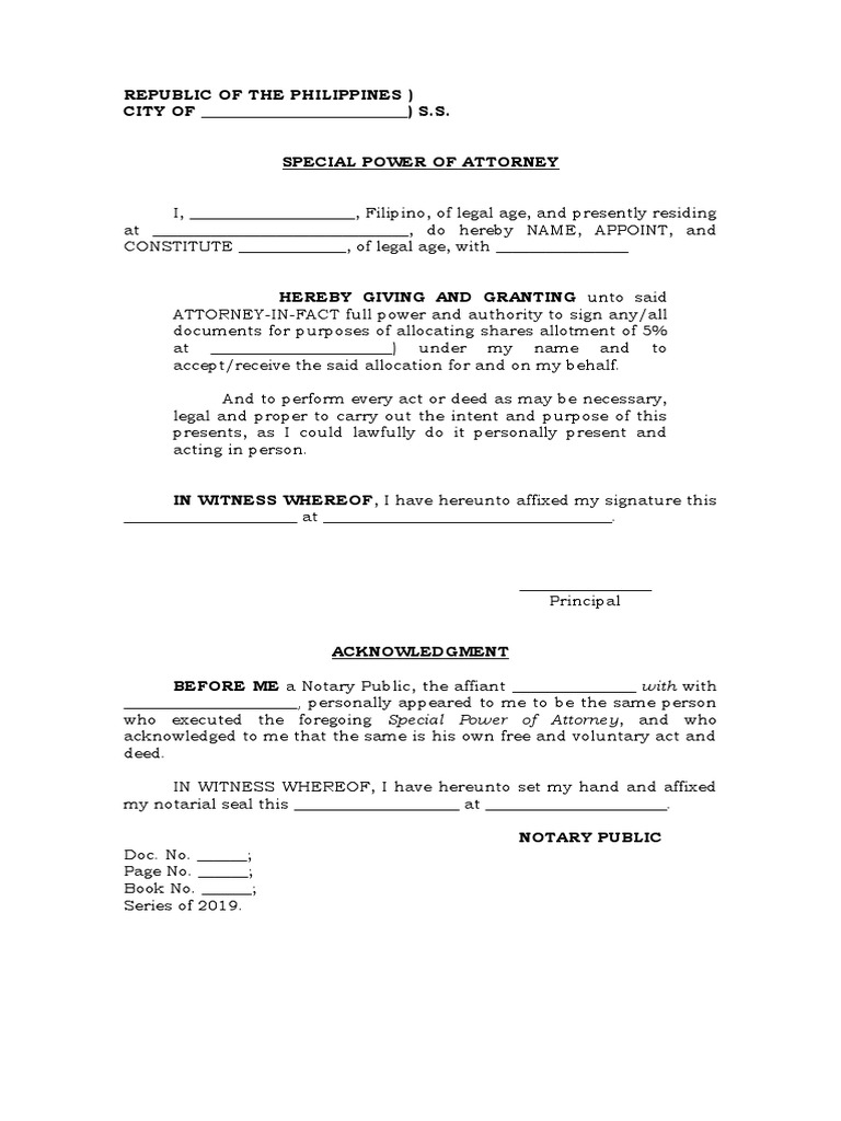 Sample Spa | PDF | Power Of Attorney | Notary Public